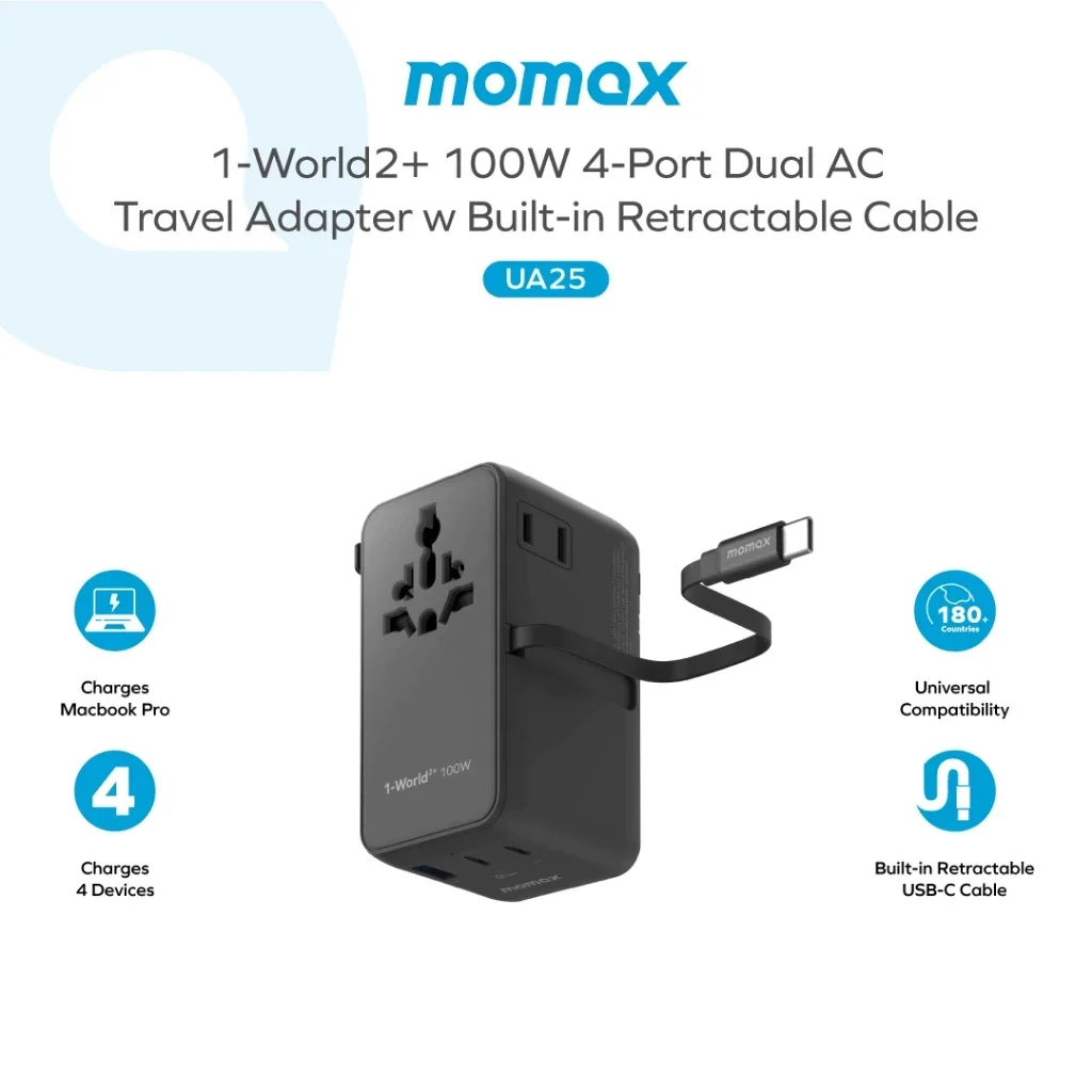 Momax UA25 1-World2+ 100W 4-Port Dual AC Travel Adapter - Harbar